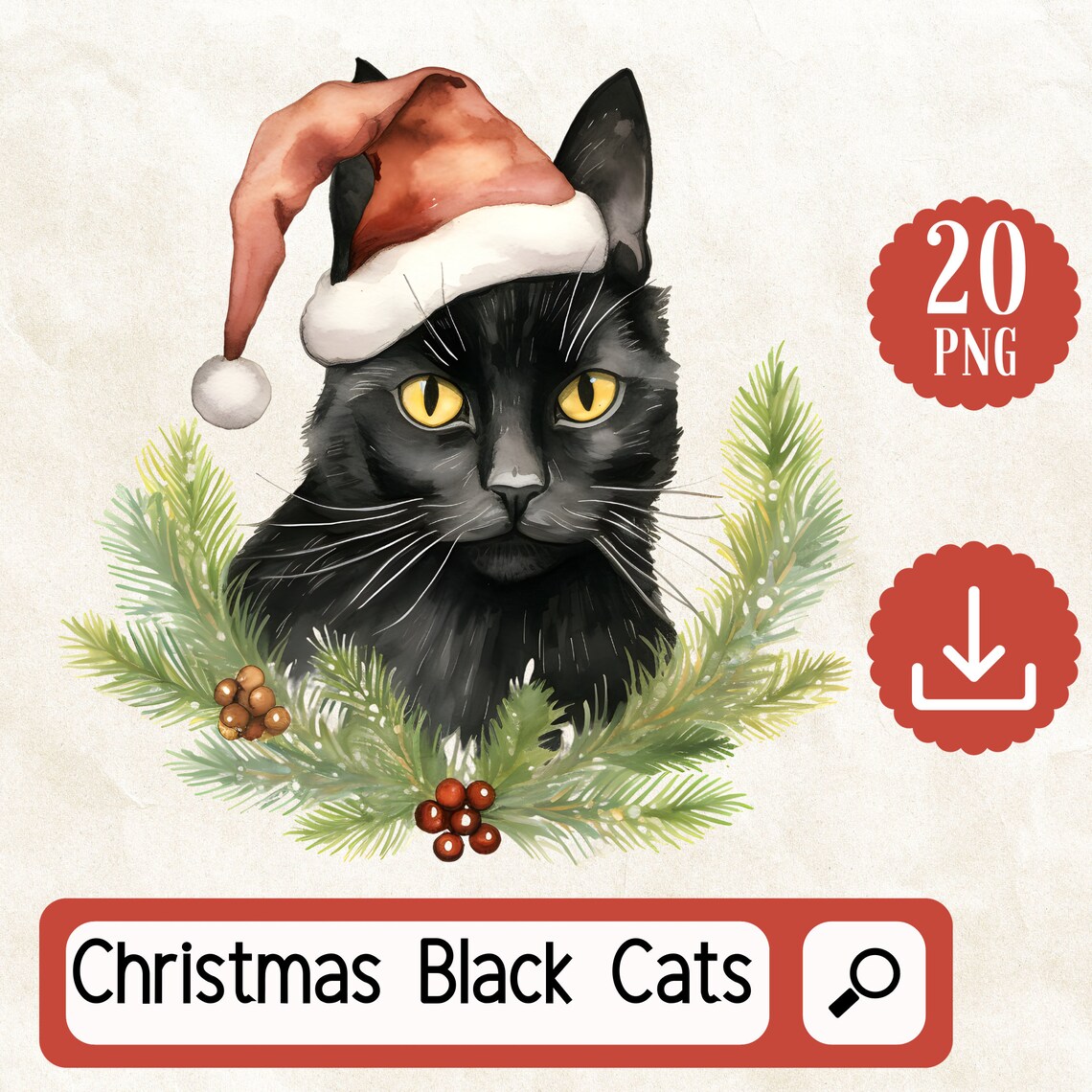 Christmas Black Cats Clipart Set. 20 Adorable Watercolor Black Cats in ...