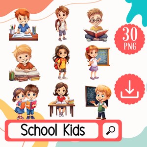 School Kids and School Activities Clipart Set - 30 PNG Students in ...