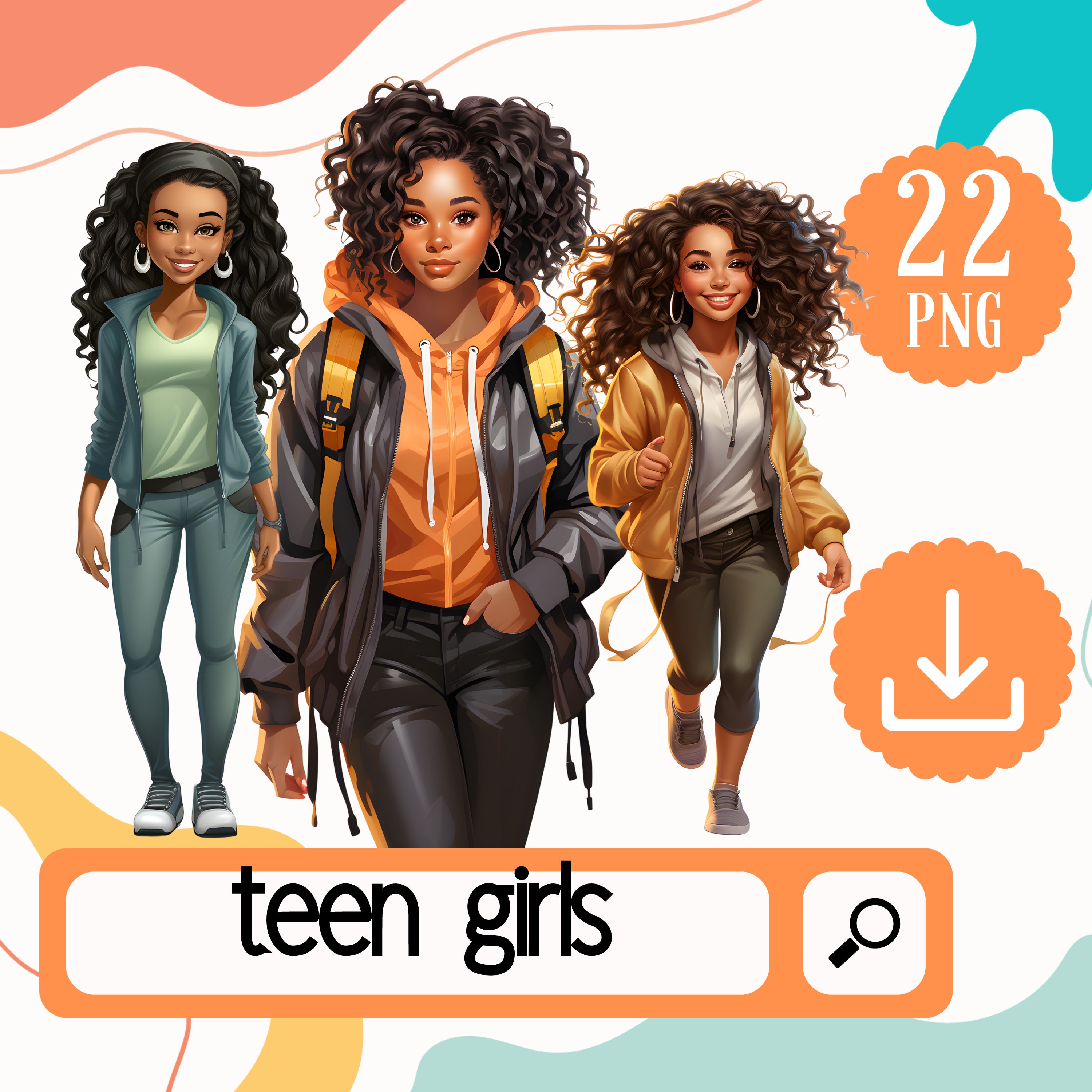 Black Teenager Girls Clipart. 22 African American Teenager Girl PNG Set ...