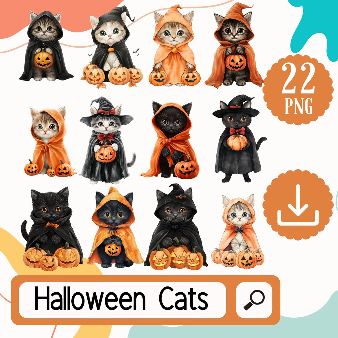 Adorable Halloween Cats Clipart Set. 22 PNG Cute Halloween Cats ...