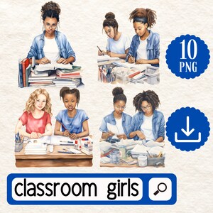 Black Girls Studying Clipart PNG Bundle. 10 Girls in Classroom Clipart ...