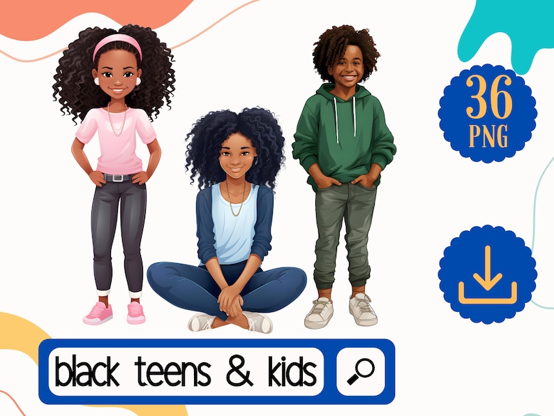 Black Kids and Teens Clipart. 36 Afircan American PNG Kids. Black Girls ...