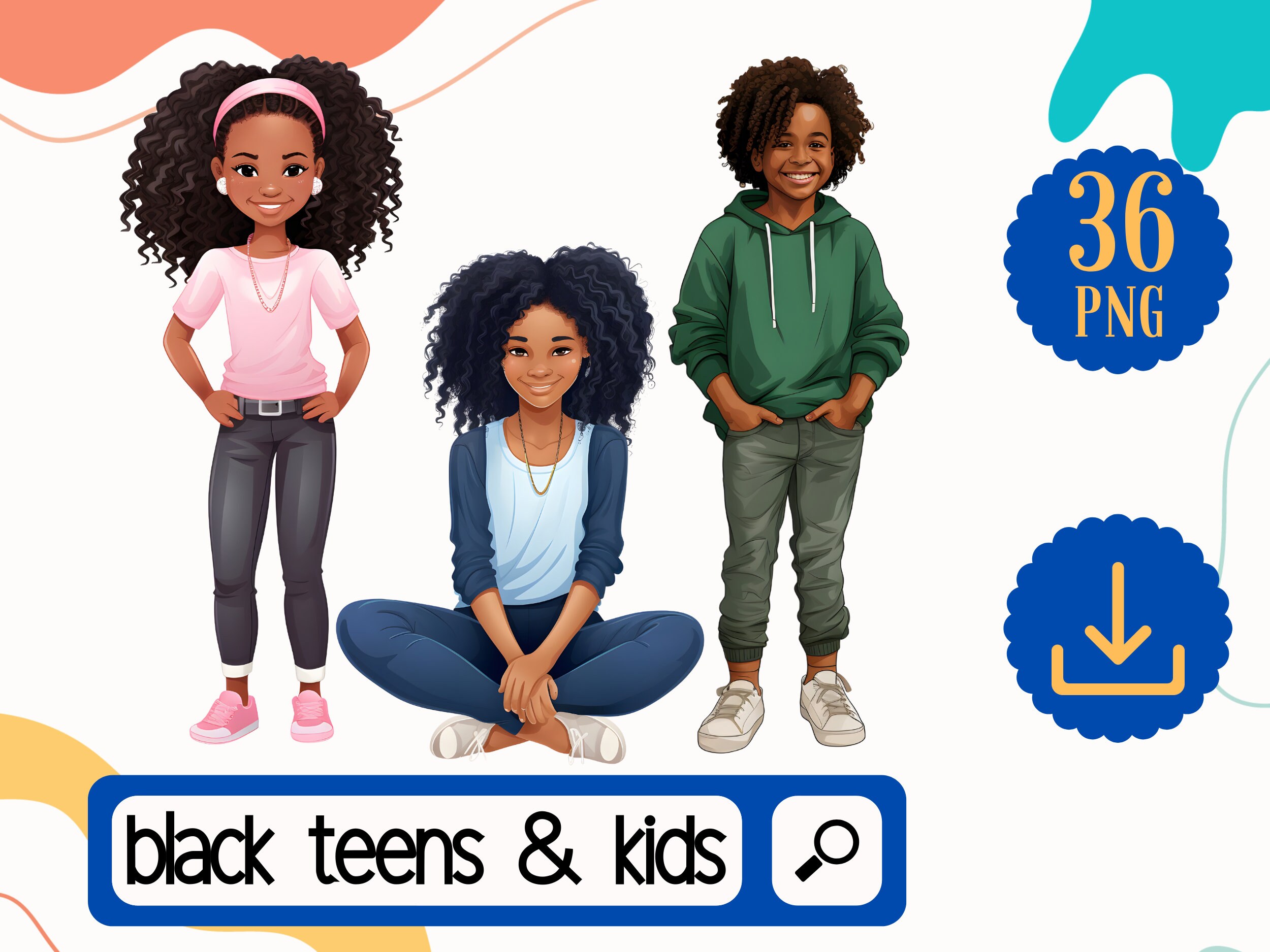 Black Kids and Teens Clipart. 36 Afircan American PNG Kids. Black Girls ...