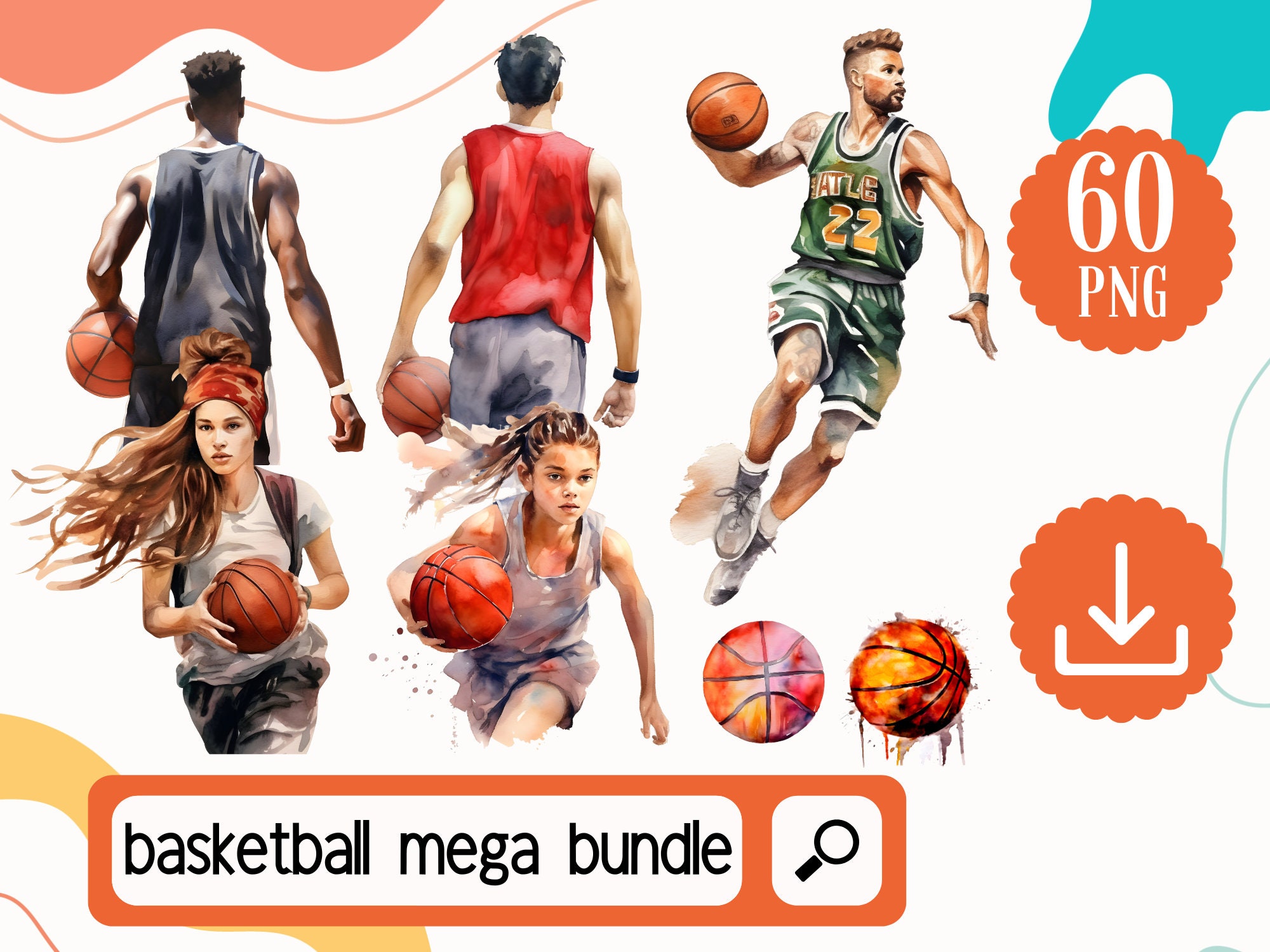 Basketball Clipart Mega Bundle PNG, Watercolor Basketball Png Digital ...