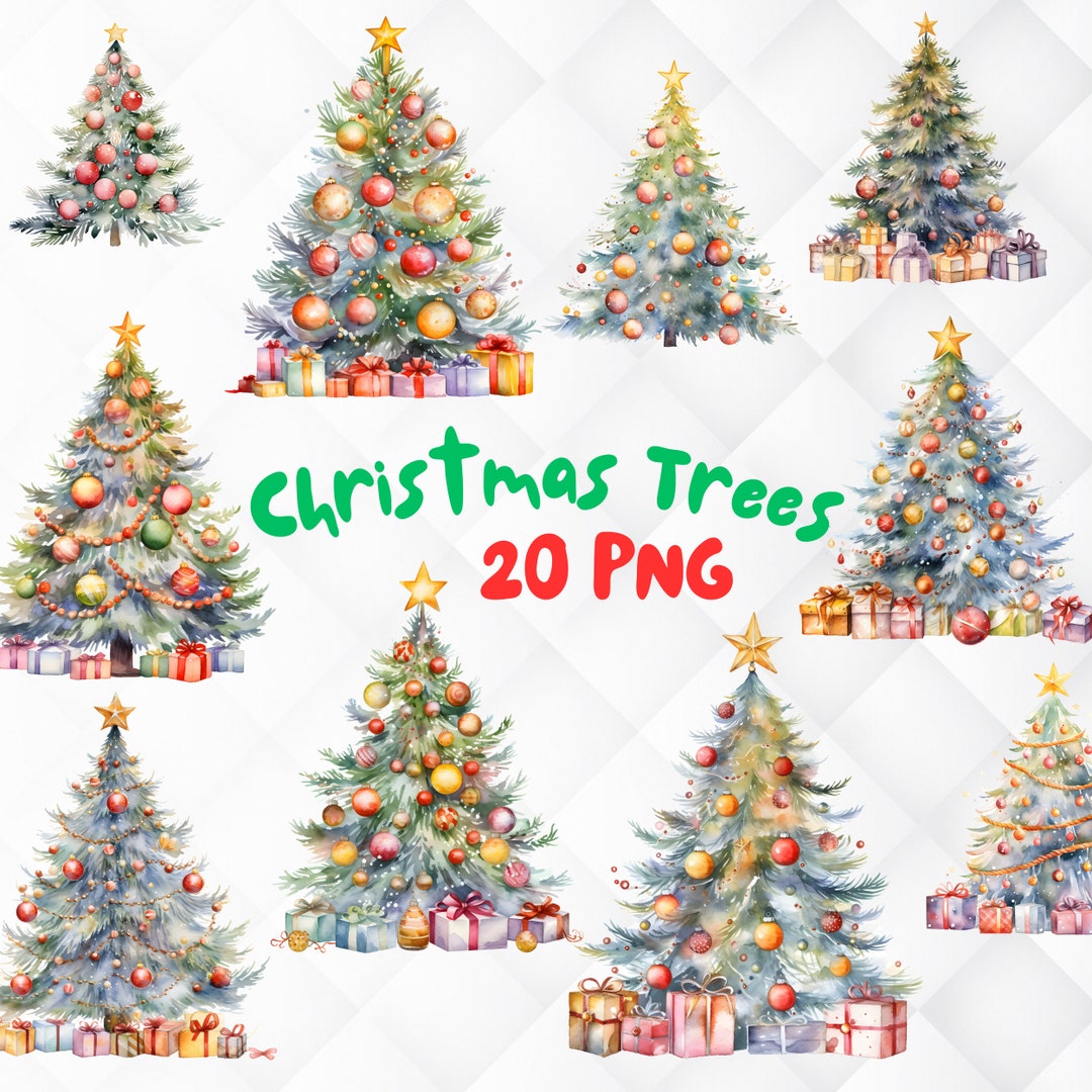 Watercolor Christmas Tree Clipart. 20 PNG Decorated Christmas New Year ...
