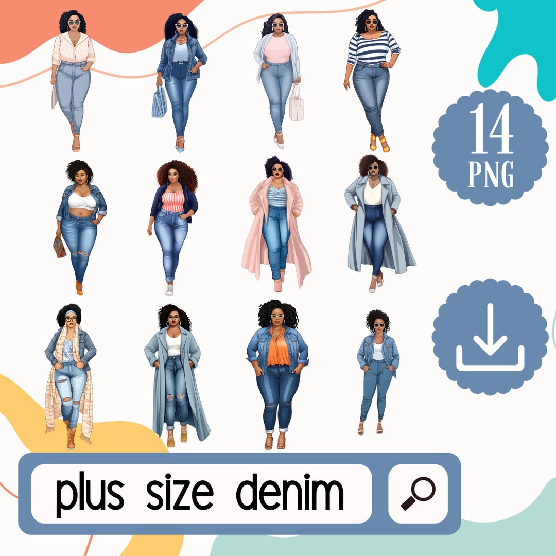 Fashion Clipart Black Women in Denim. 22 PNG Beautiful Curvy African ...