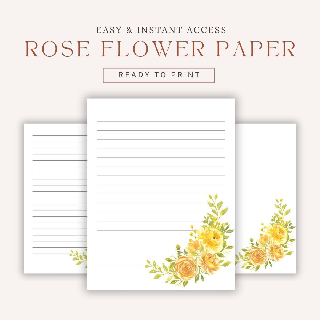Printable Lined Paper With Roses. Beautiful Yellow Rose Floral Writing ...