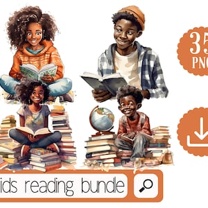 Watercolor Black Kids Reading Books Clipart. 35 PNG Bookworm Black Girl ...