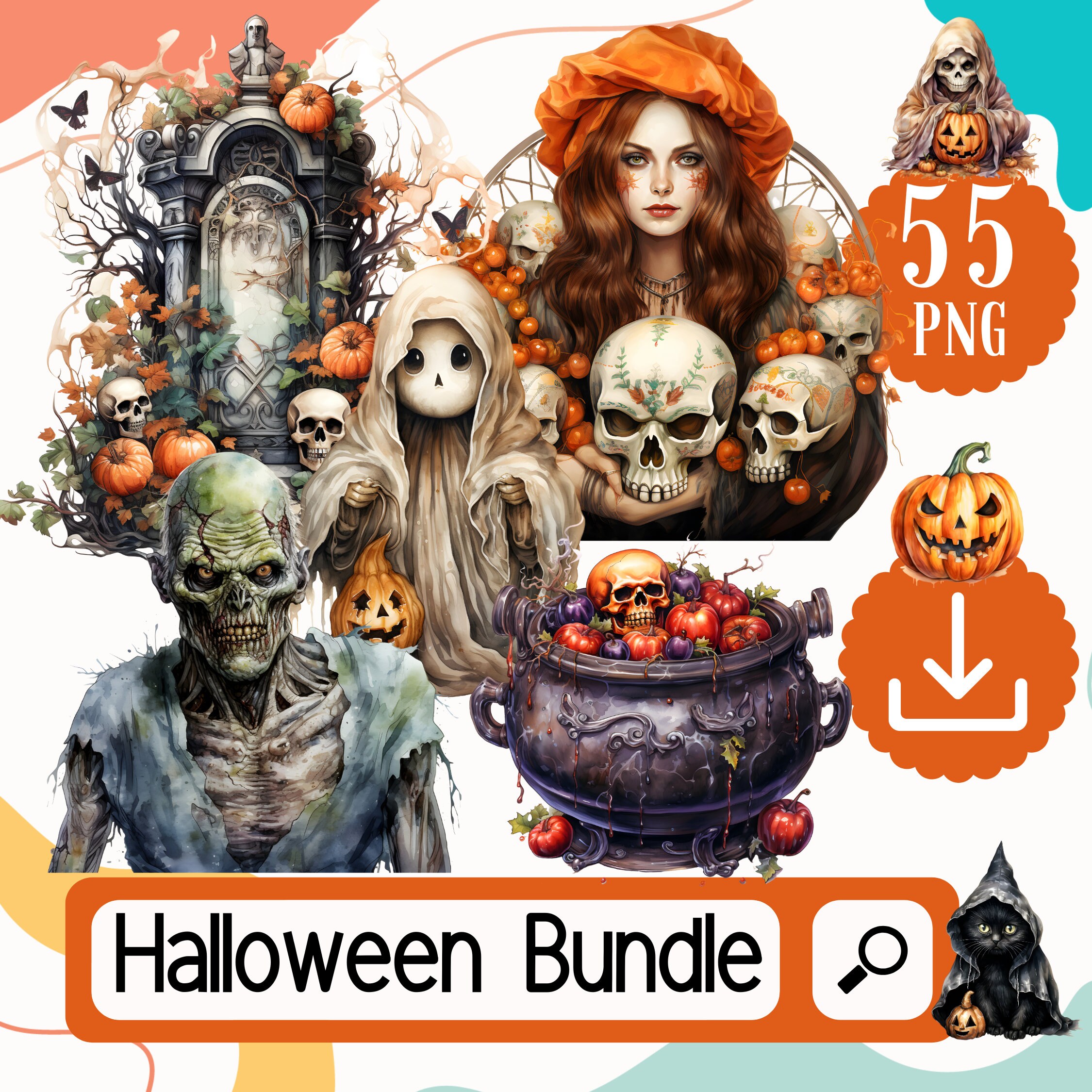 Spooky Watercolor Halloween Clipart Bundle 55 PNG Images for - Etsy
