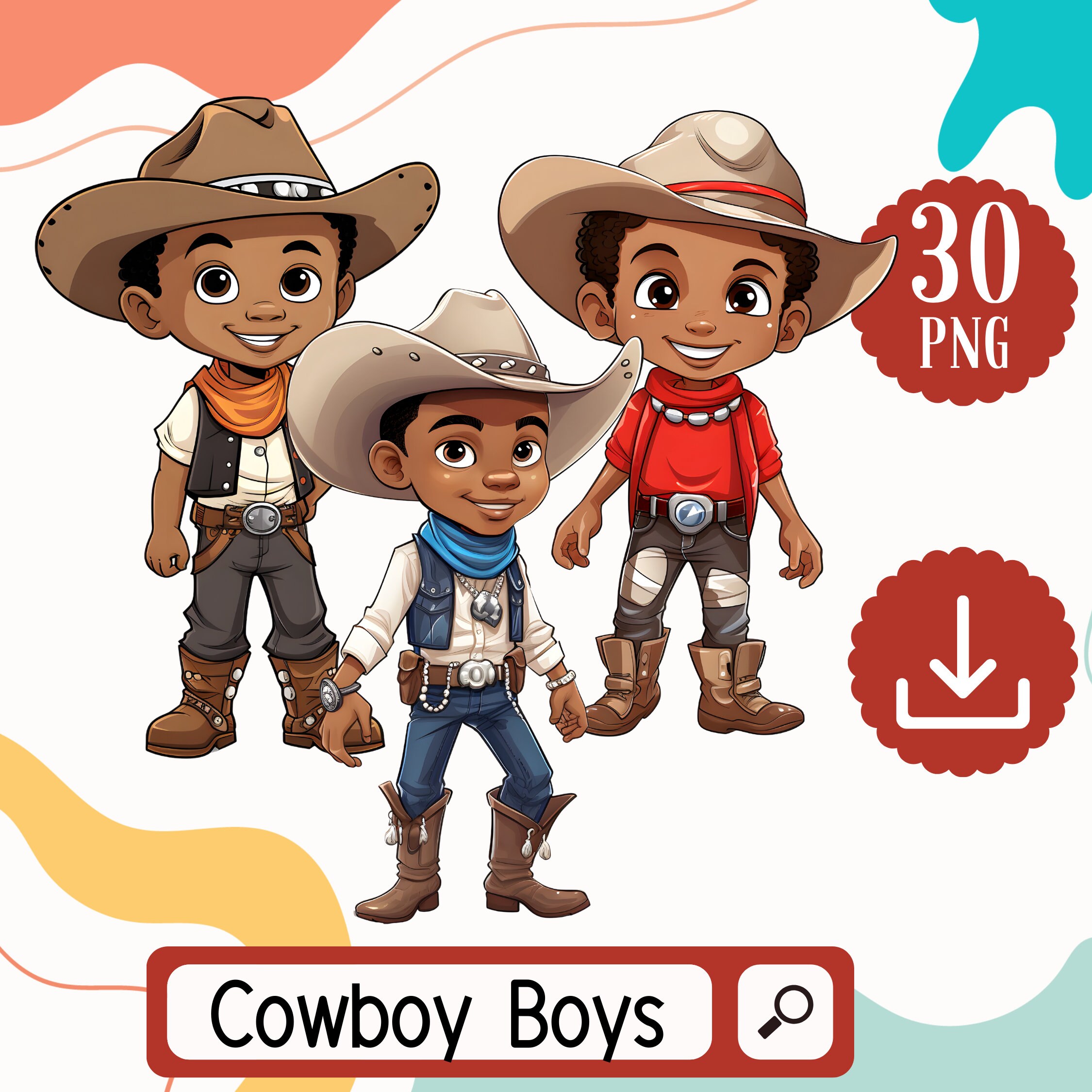 Cute Cowboy Boys Clipart Set. 30 PNG Cowboy Boys for Digital Print and ...