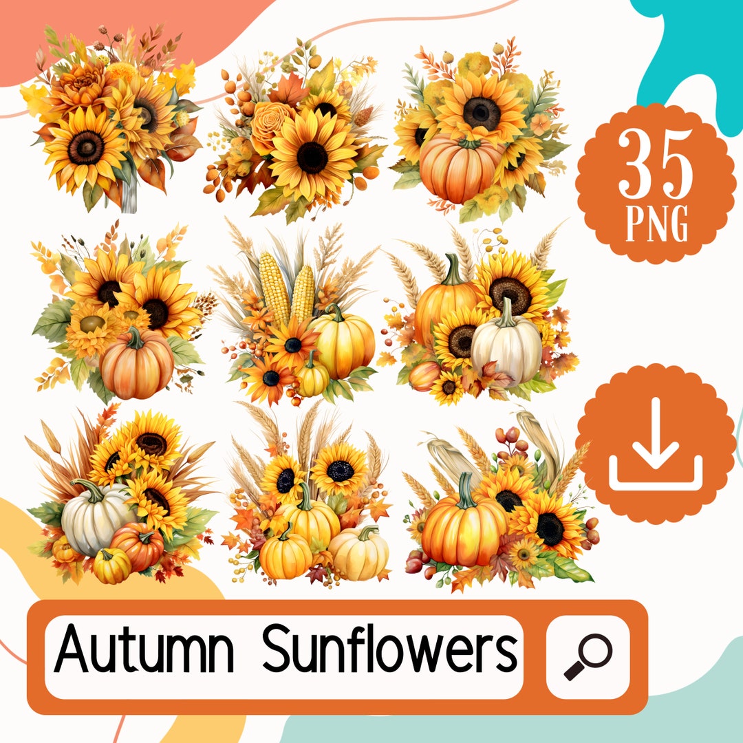 Autumn Sunflower Clipart. 35 Fall Watercolor Sunflower PNG Set ...