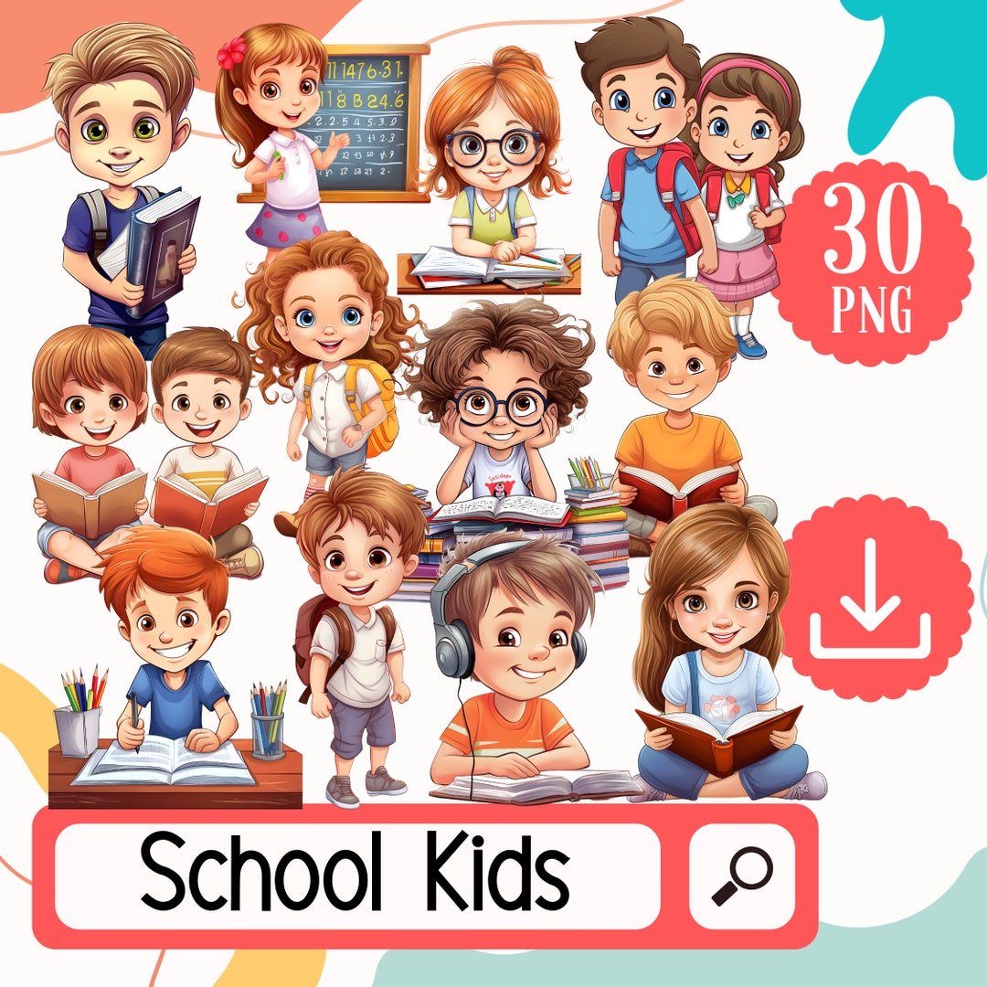 School Kids and School Activities Clipart Set - 30 PNG Students in ...