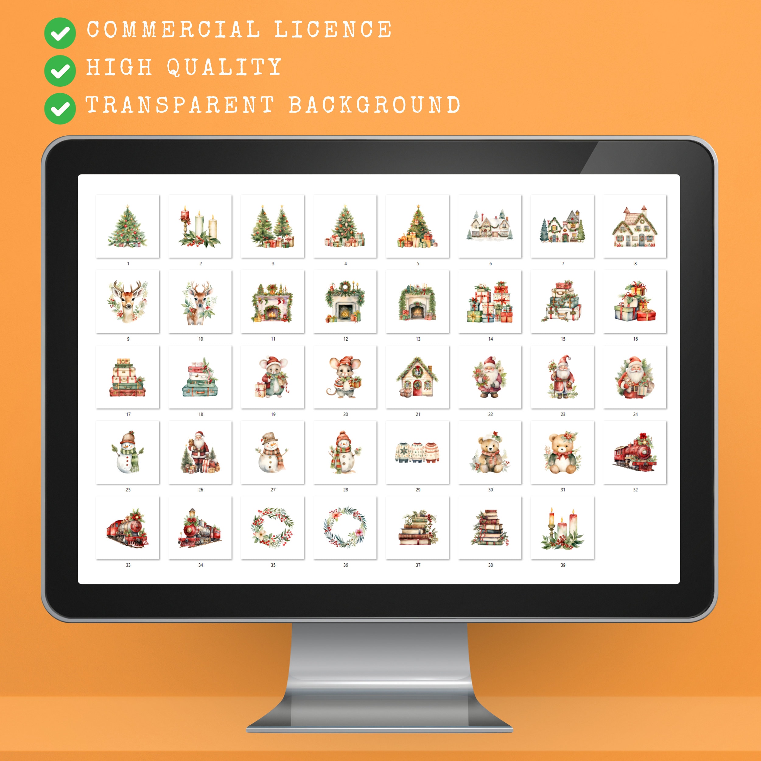 Watercolor Retro Christmas Clipart Set. 39 Vintage Christmas - Etsy