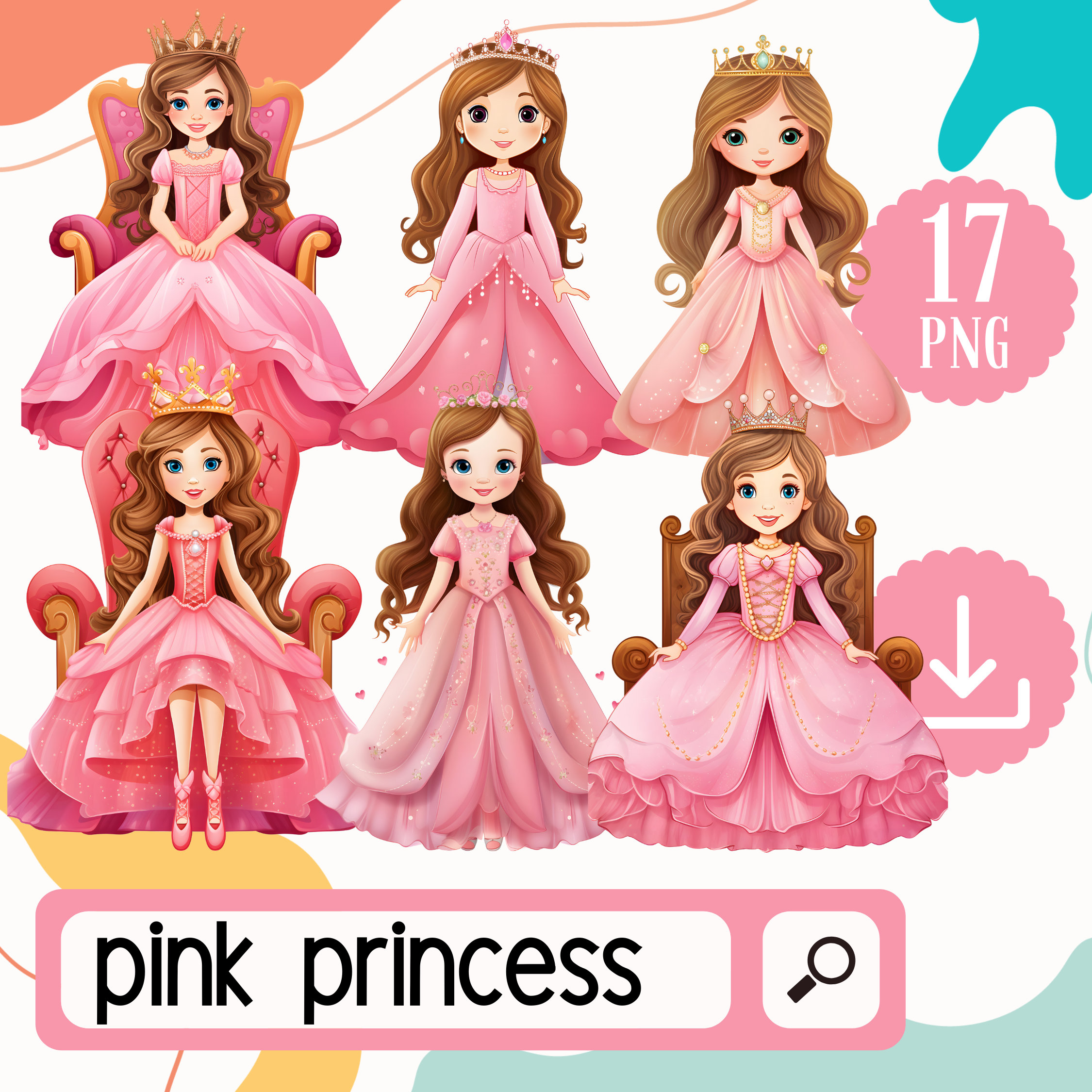 Pink Dress Princess Girls Clipart Set. 17 PNG Cute Princess. Girls ...
