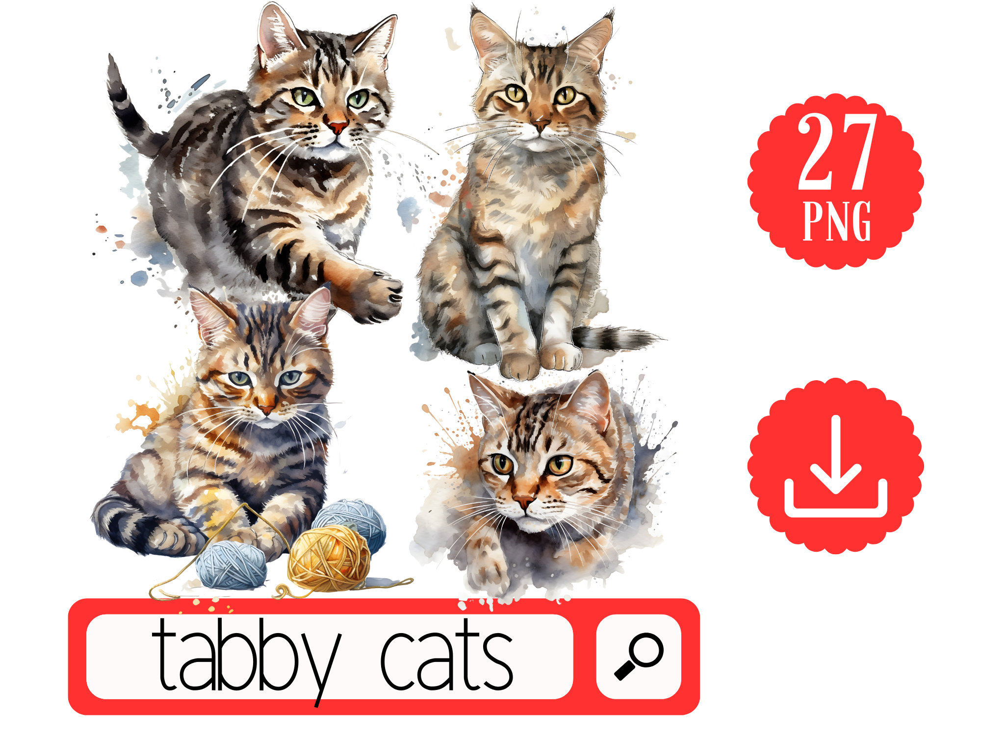 Tabby Cat Watercolor Clipart Bundle. Orange Cat PNG Digital Download ...