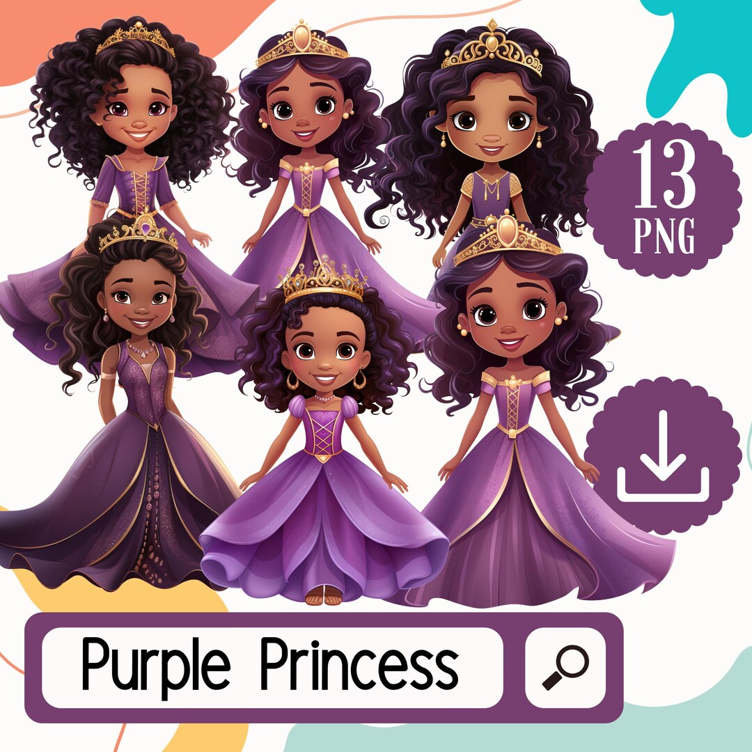 Purple Dress Pretty Black Princess Girls Clipart Set. 13 African ...