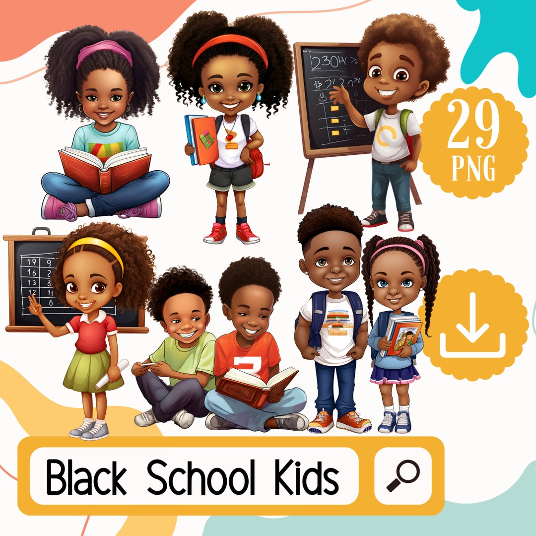 Black Kids School Activities Clipart Set - 29 PNG Black Students in ...
