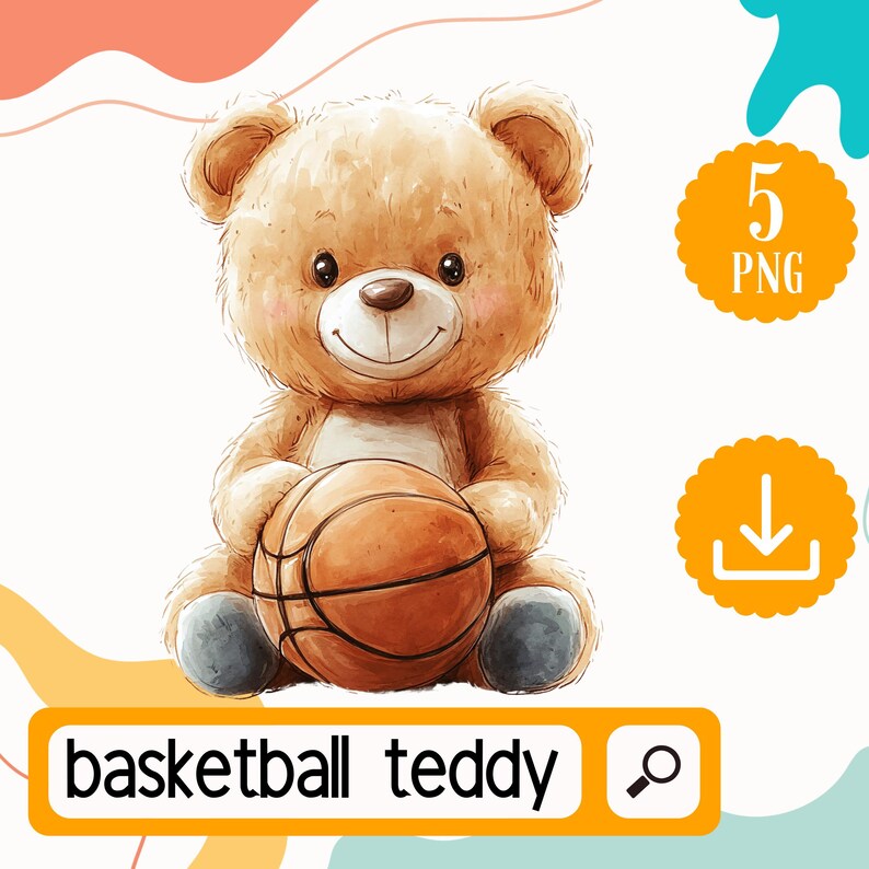 Basketball Teddy Bear Clipart PNG. Watercolor Teddy Bear Sports Clipart ...