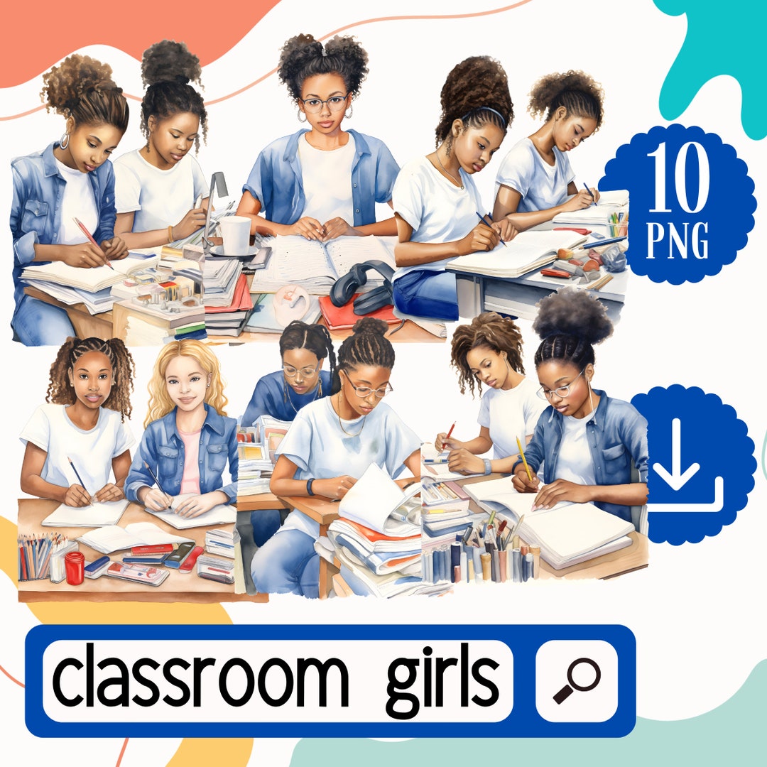 Black Girls Studying Clipart PNG Bundle. 10 Girls in Classroom Clipart ...