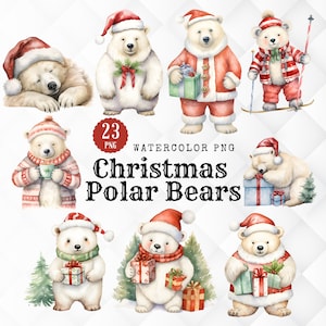 Watercolor Christmas Polar Bear Clipart. 23 Winter Christmas Polar Bear ...