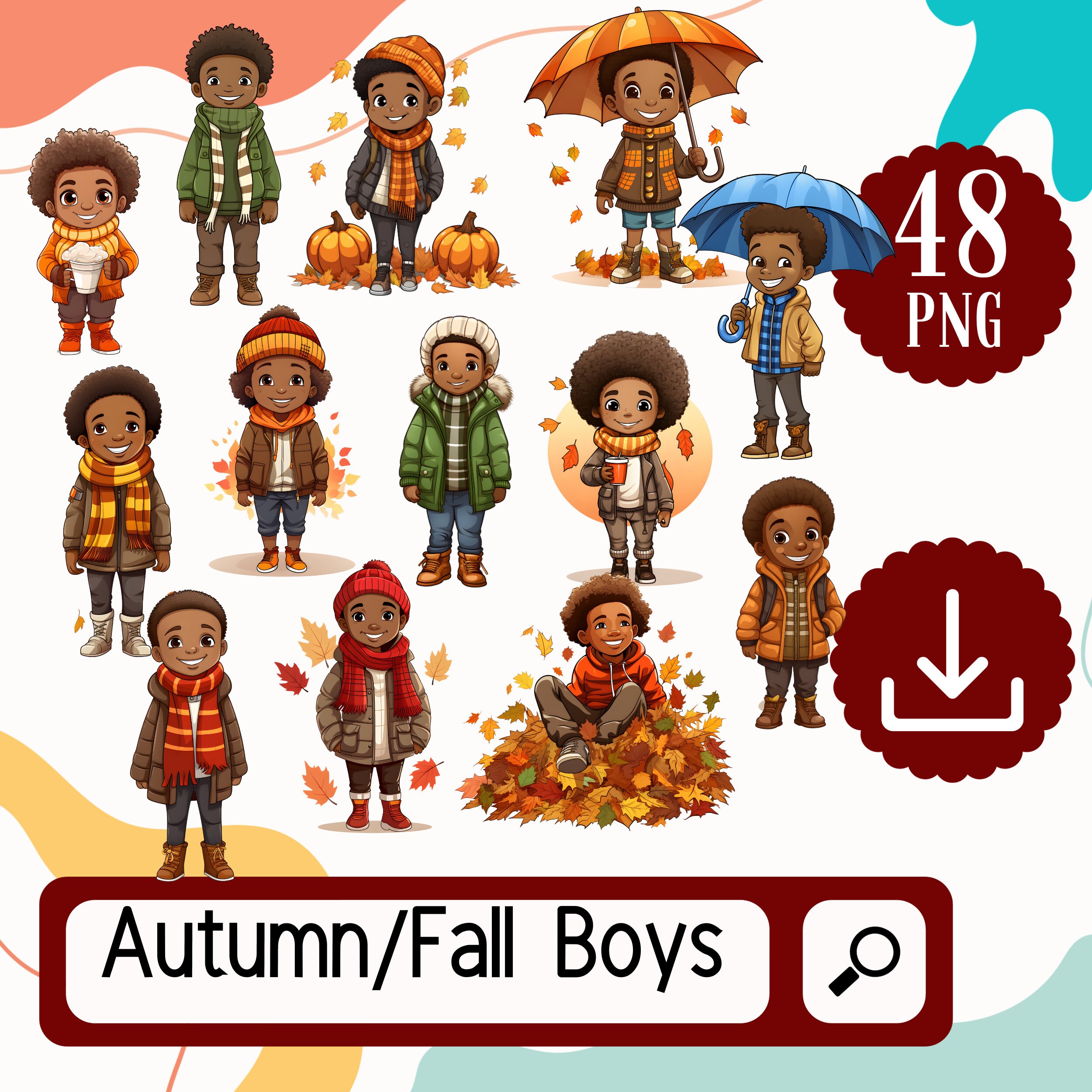 Autumn Fall African American Cute Boys Clipart Set. 48 Black Adorable ...