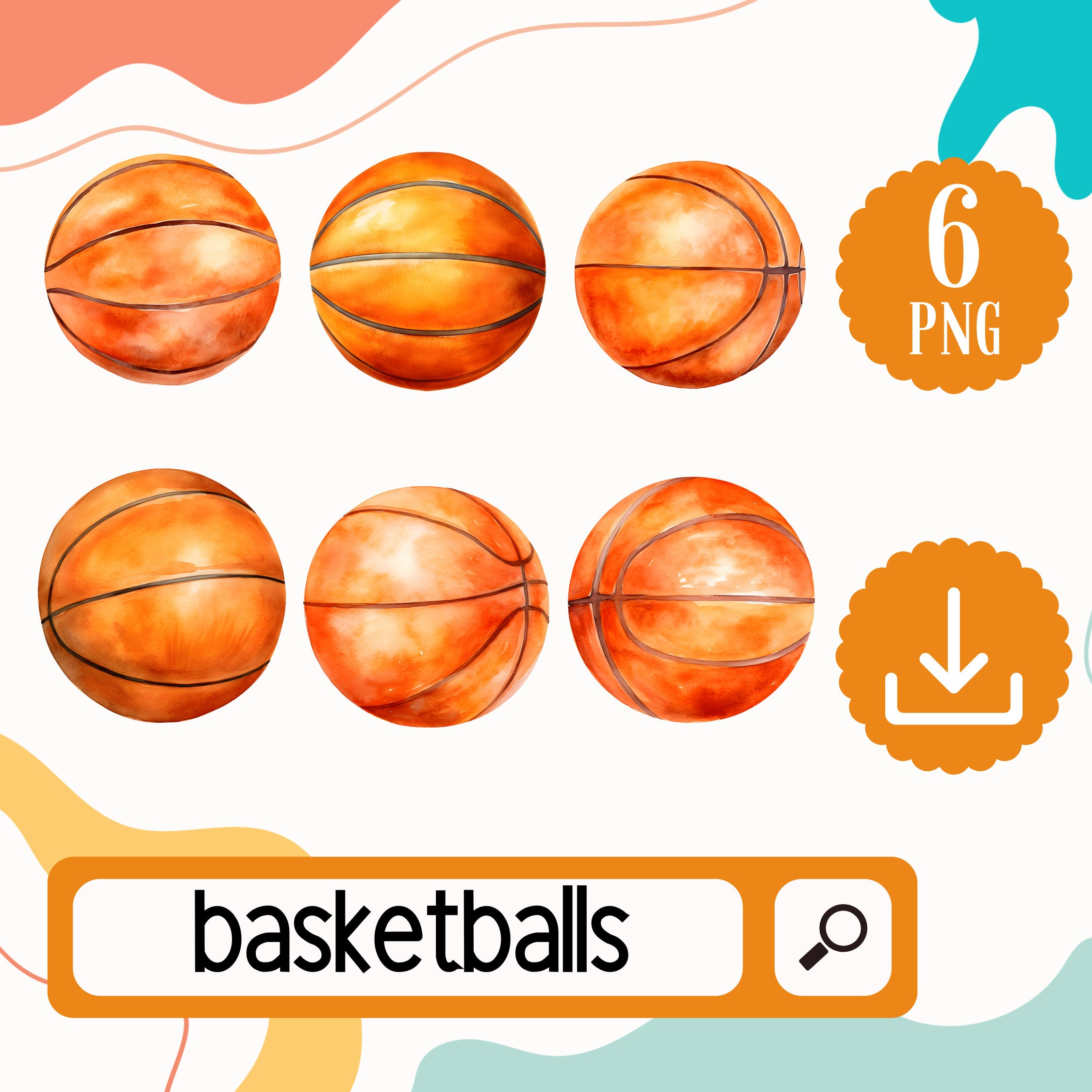 Basketball Clipart PNG. 6 Watercolor Basketball Graphics Digital ...