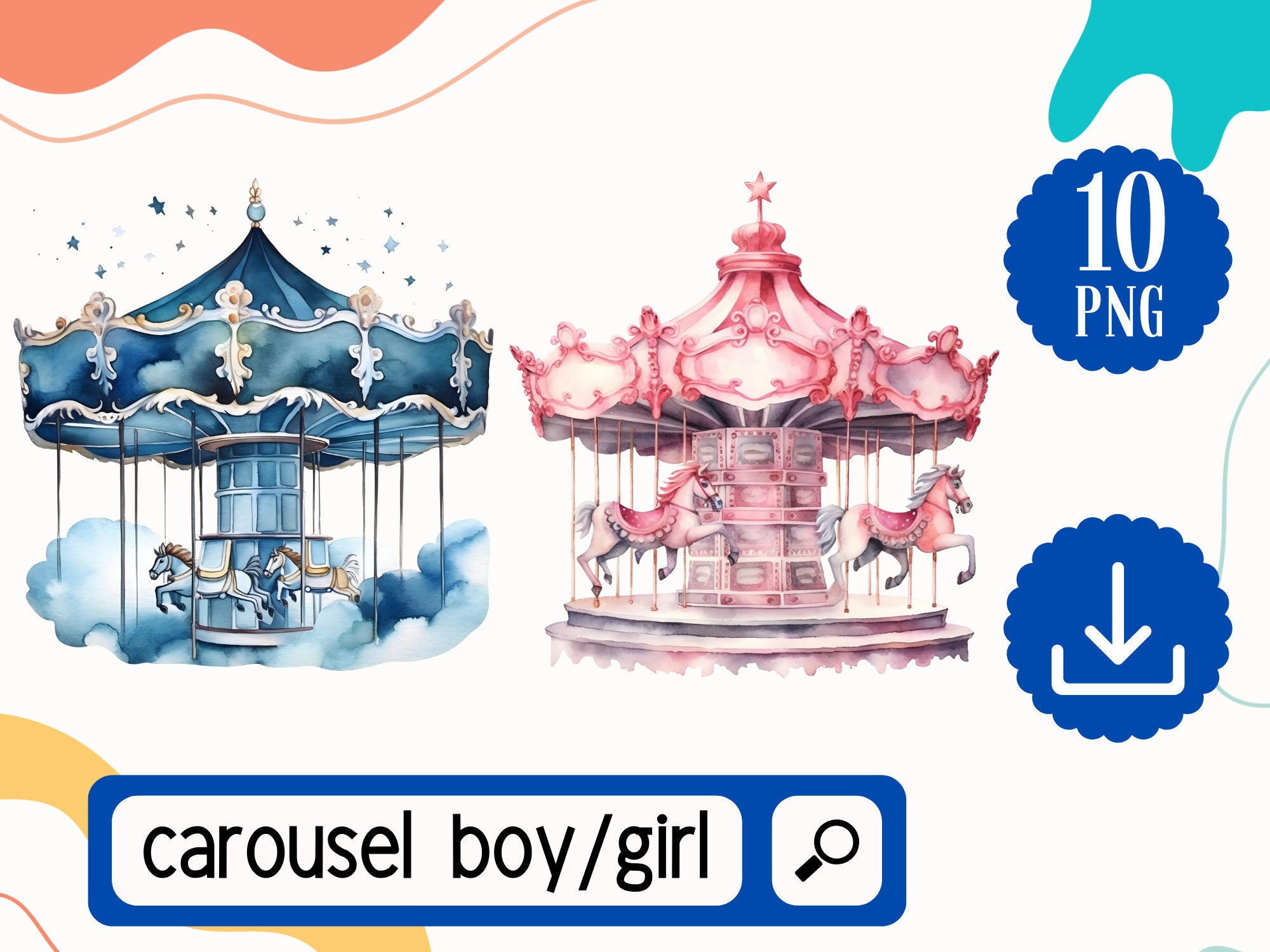 Watercolor Carousel Clipart PNG. 10 Merry Go Round Clipart, Blue and Pink Carousel Bundle ...
