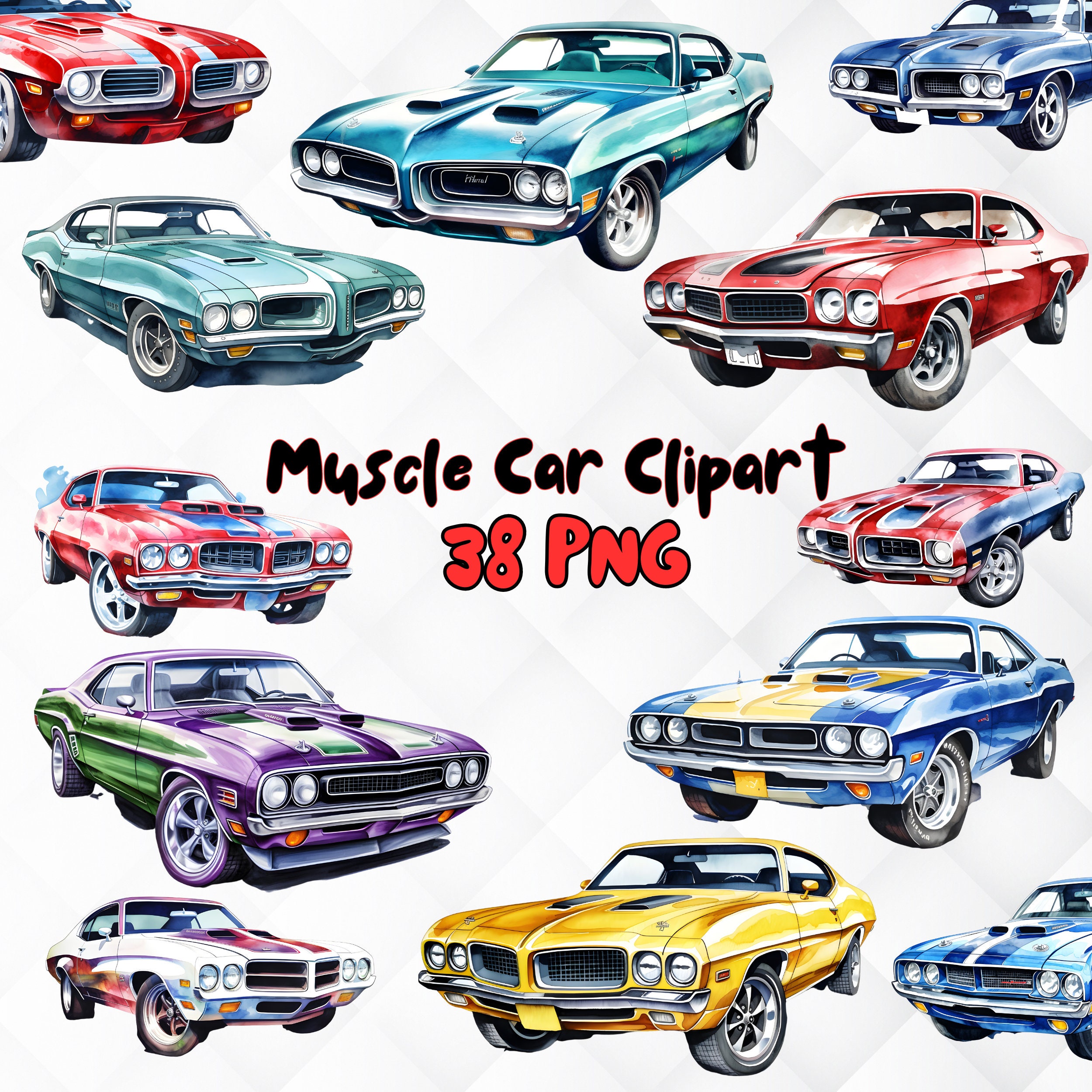 Watercolor Muscle Car Clipart. 38 Muscle Car PNG. Retro American Muscle ...