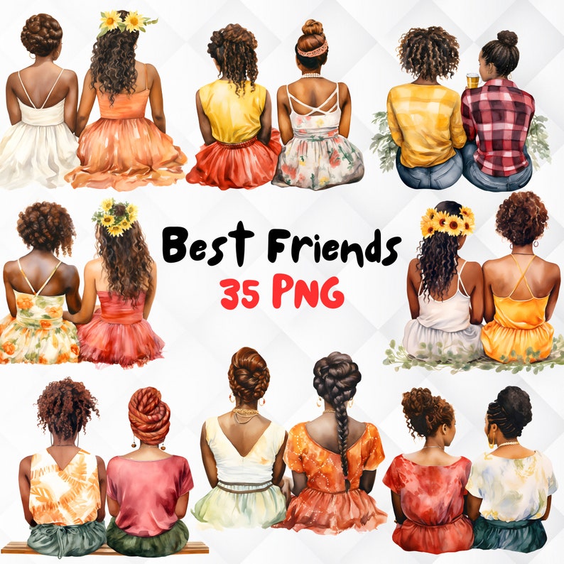 Watercolor African American Best Friends Clipart. 35 Black Girl Friends ...