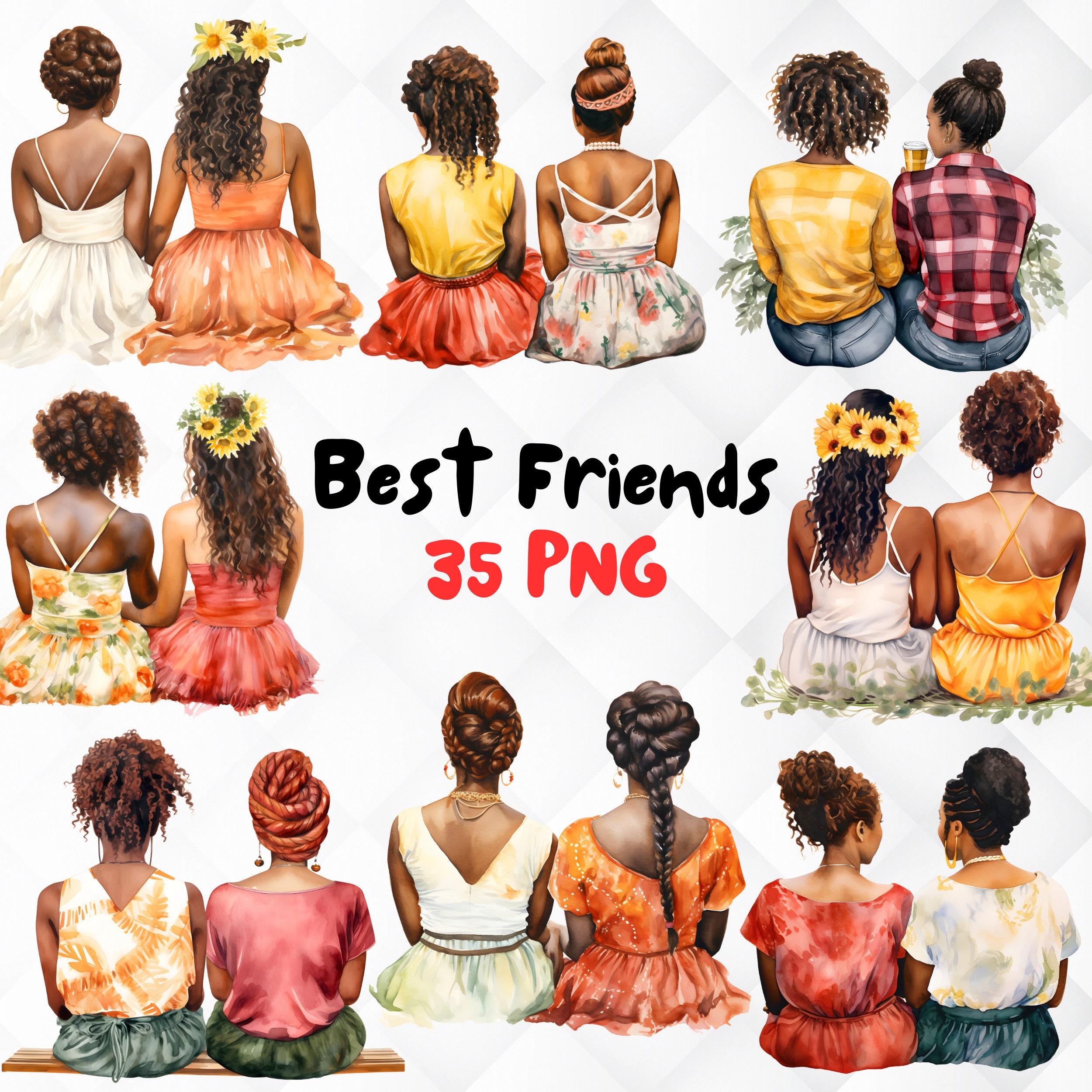 Watercolor African American Best Friends Clipart. 35 Black Girl Friends ...