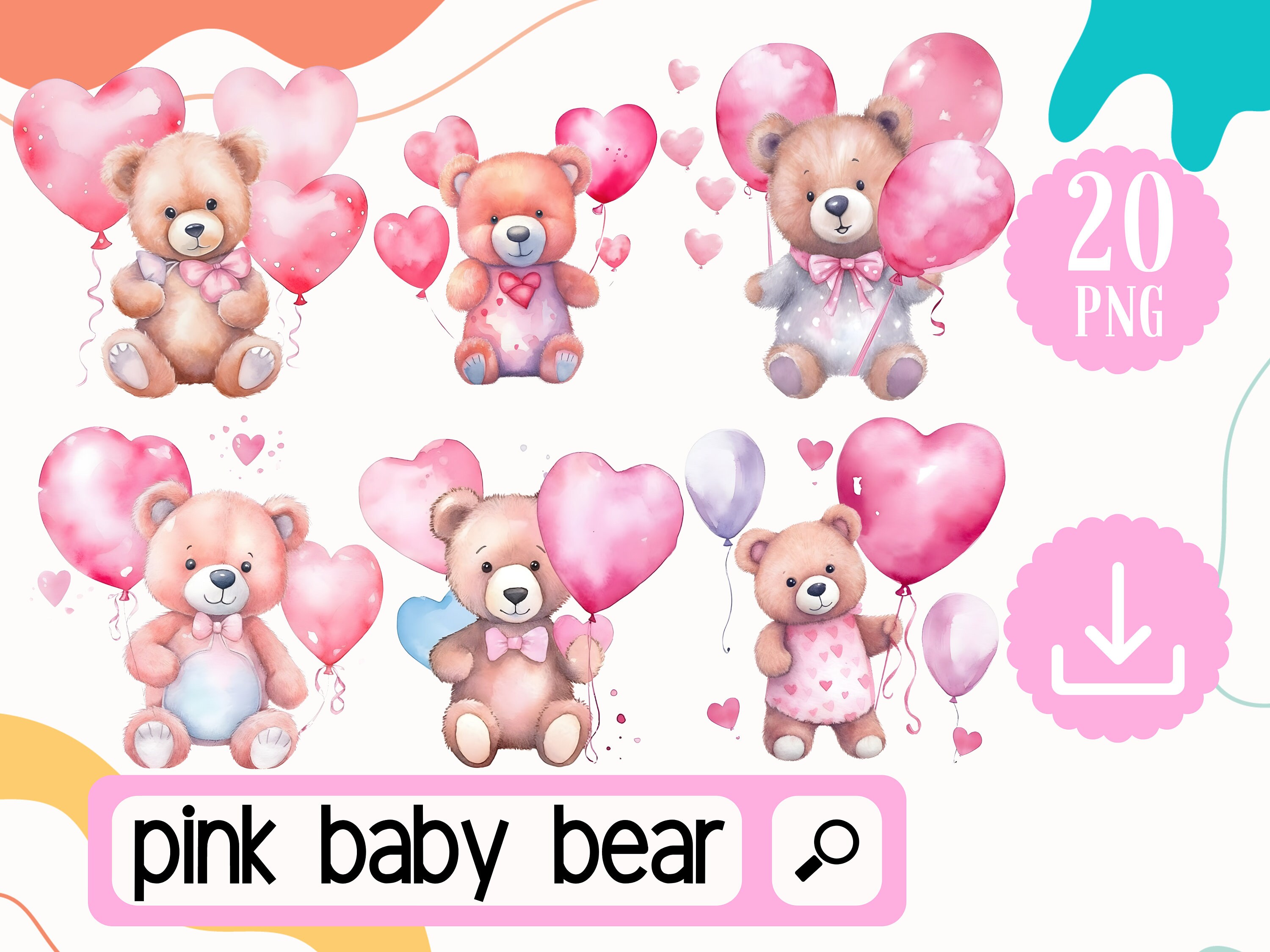 Pink Baby Bear Clipart PNG, Girl Teddy Bear With Pink Balloons Clipart ...