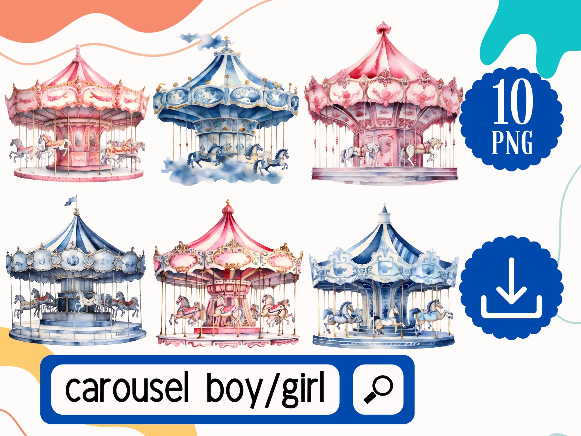 Watercolor Carousel Clipart PNG. 10 Merry Go Round Clipart, Blue and Pink Carousel Bundle ...