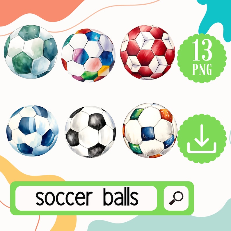 Soccer Balls Clipart PNG. 13 Watercolor Soccer Football Graphics ...