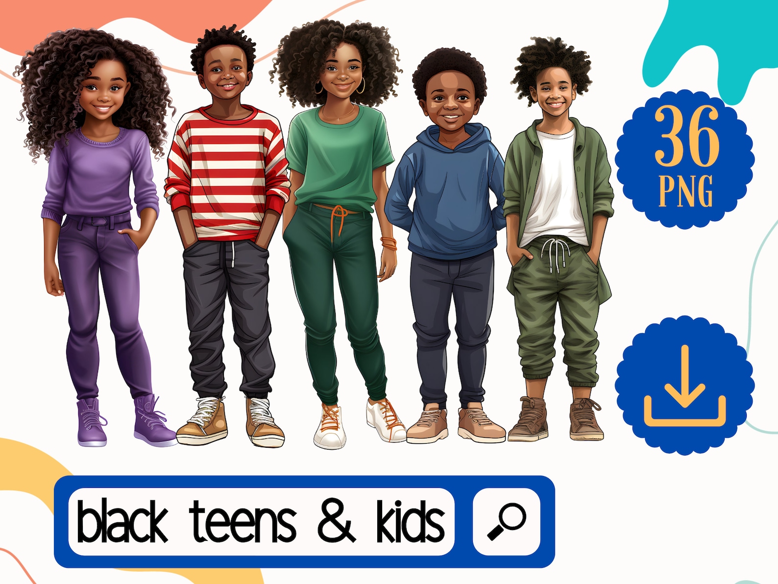 Black Kids and Teens Clipart. 36 Afircan American PNG Kids. Black Girls ...