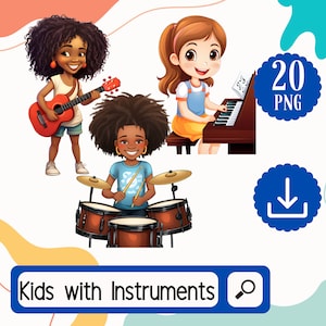 School Kids With Music Instruments Clipart Set - 20 PNG Kids Playing ...