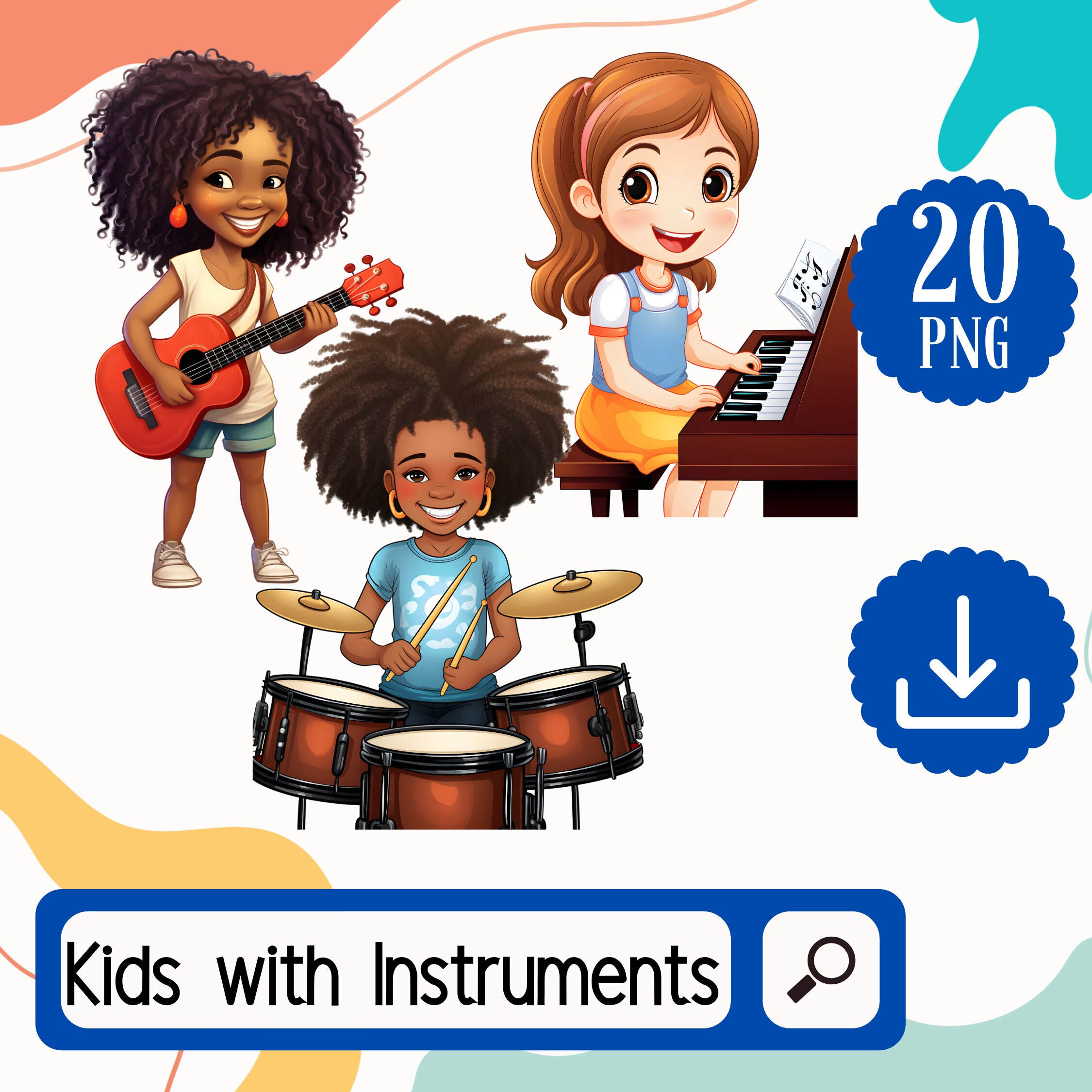 School Kids With Music Instruments Clipart Set - 20 PNG Kids Playing ...