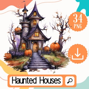 Watercolor Haunted House Clipart. 34 Haunted Houses PNG. Halloween ...
