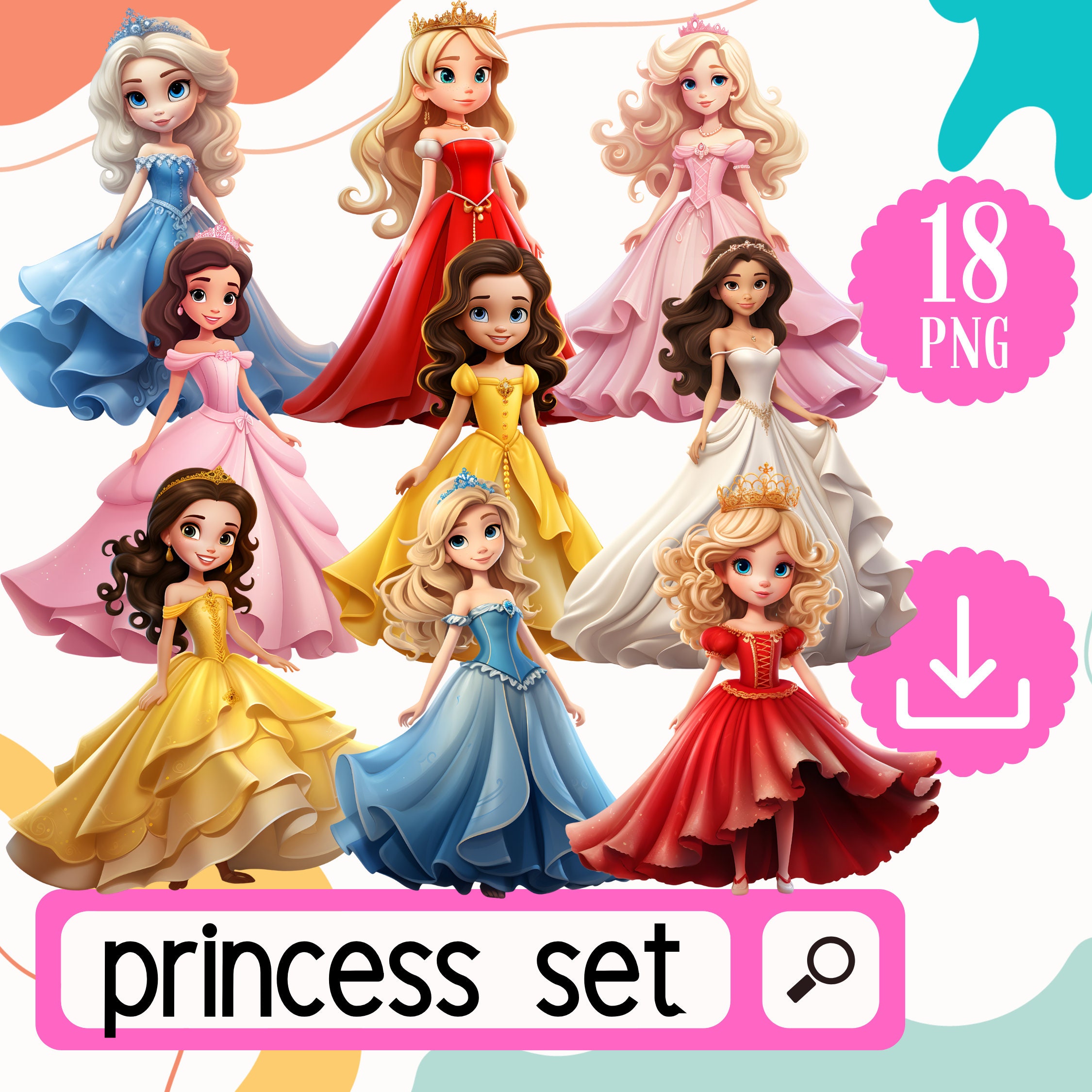 Pretty Princess Girls Clipart Set. 18 PNG Blonde and Brunette Princess ...
