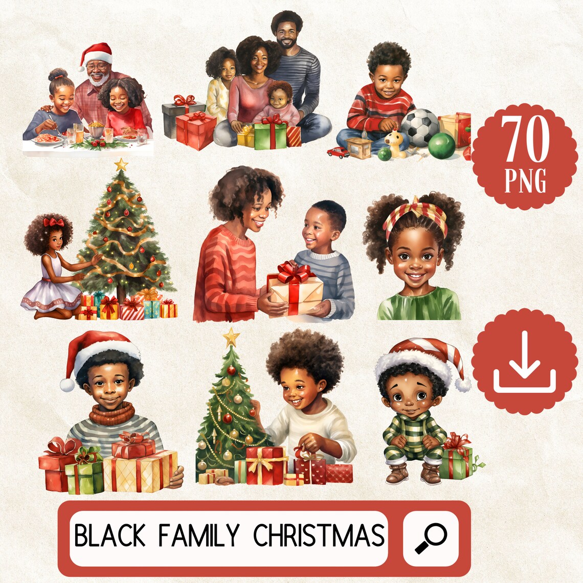 Watercolor Christmas Black Family PNG Clipart Set. 70 African American ...