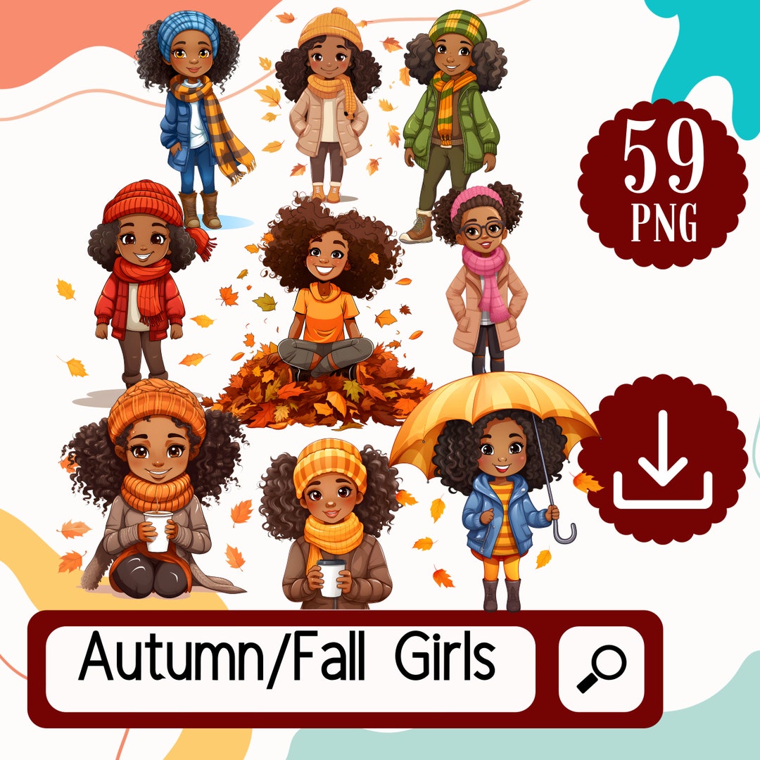 Autumn Fall African American Cute Girls Clipart Set. 59 Black Adorable ...