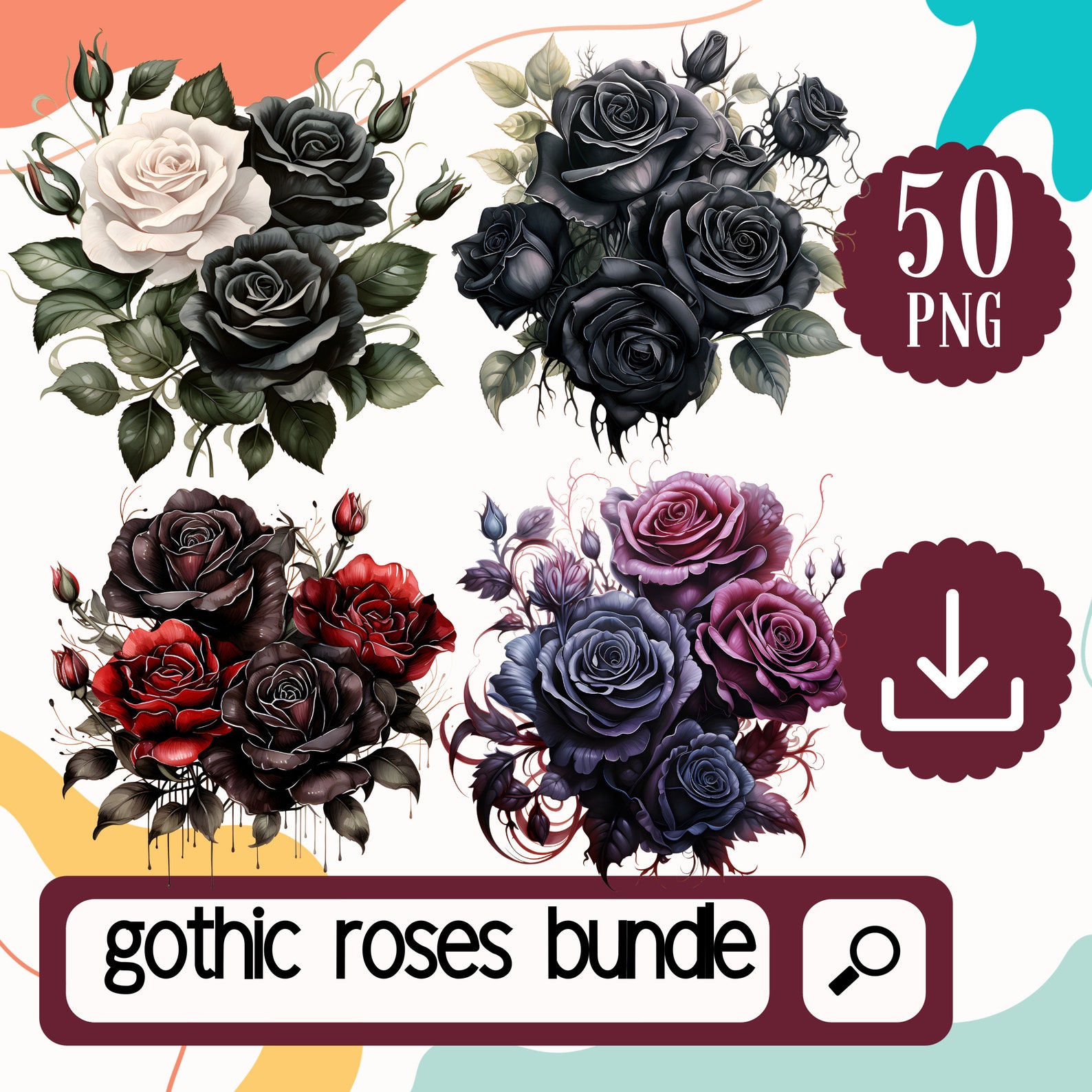 Gothic Roses Clipart Bundle. 50 Gothic Watercolor Rose PNG. Black Rose ...