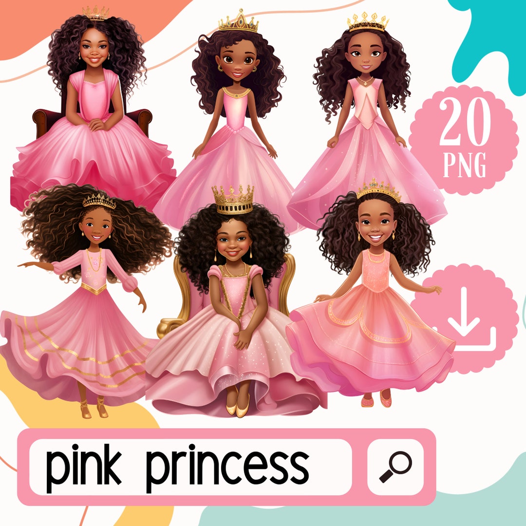 Pink Dress Black Princess Girls Clipart Set. 20 PNG Cute African ...