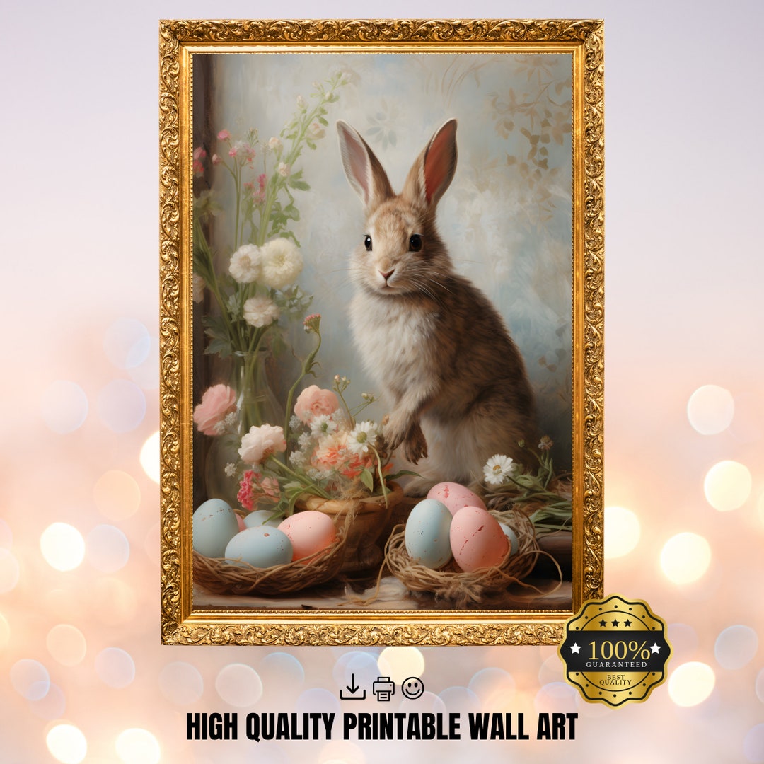 Easter Bunny Printable Wall Art - Vintage Easter Rabbit Print - Happy ...