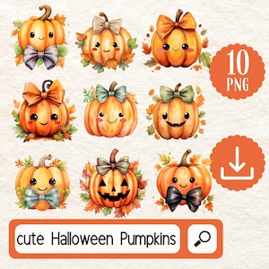 Cute Halloween Pumpkins Clipart Set. 10 PNG Cute Halloween Pumpkin ...