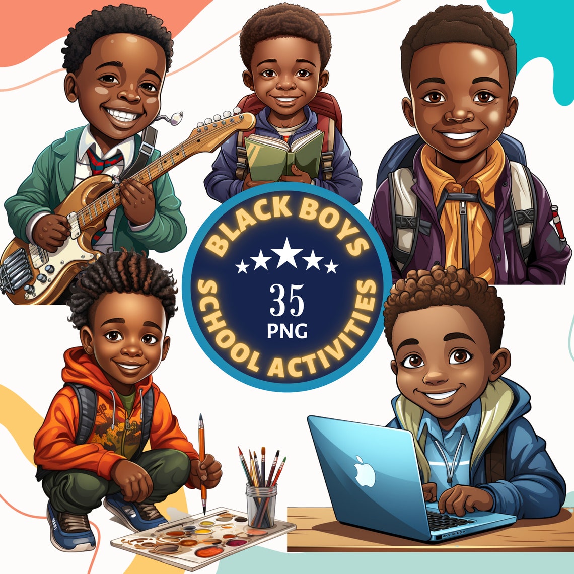 Black Boys School Activities Clipart Set 35 PNG Black Students in Class ...