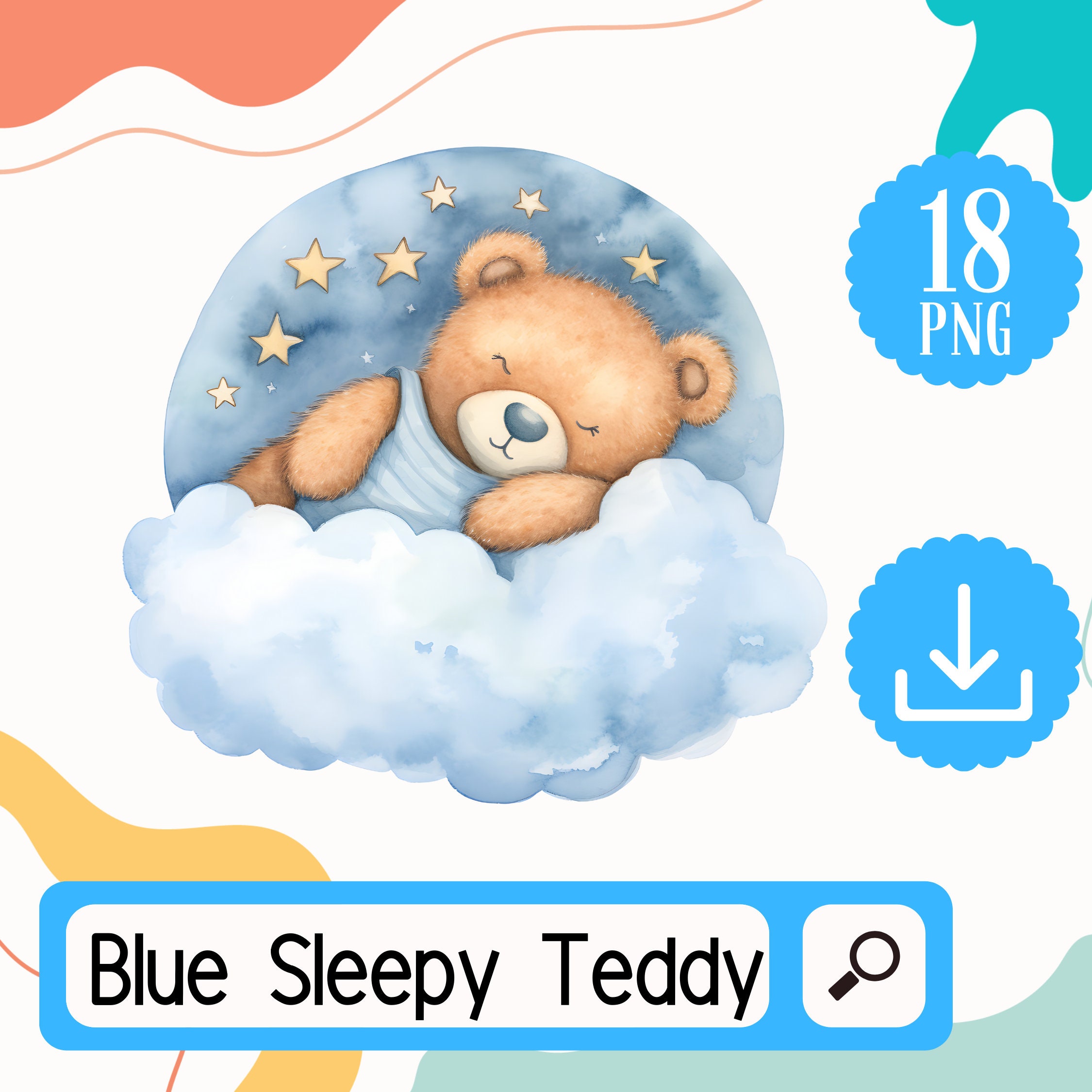 Watercolor Blue Sleepy Teddy Bear Set. 17 PNG Blue Teddy Boys Nursery ...