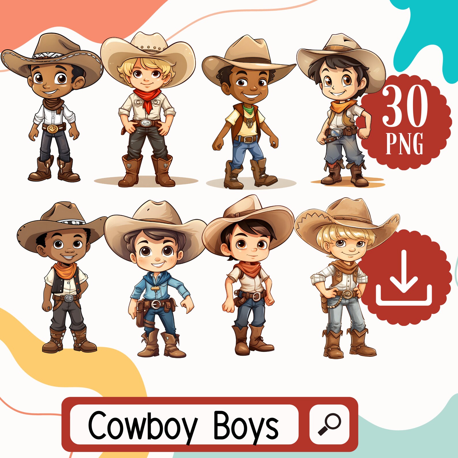 Cute Cowboy Boys Clipart Set. 30 PNG Cowboy Boys for Digital Print and ...