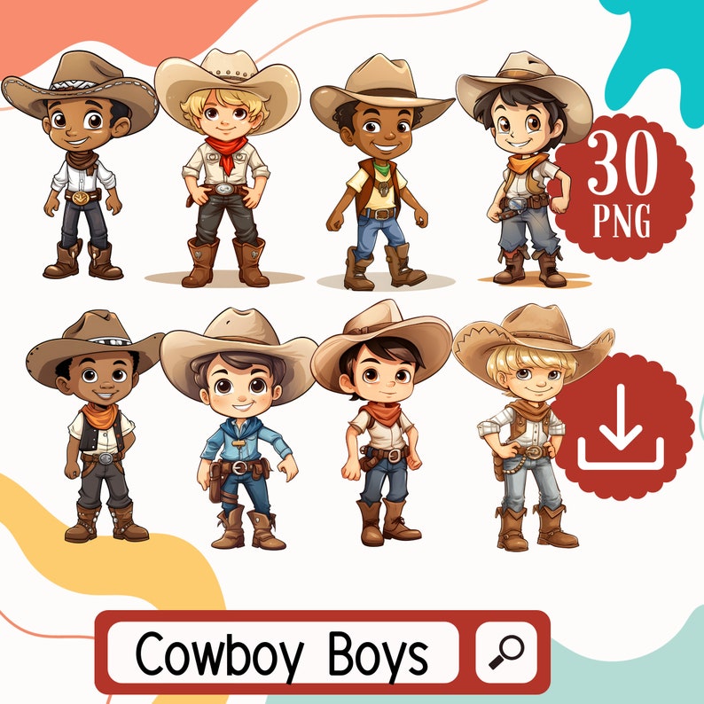 Cute Cowboy Boys Clipart Set. 30 PNG Cowboy Boys for Digital Print and ...