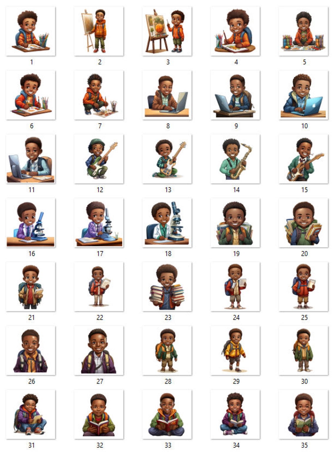 Black Boys School Activities Clipart Set 35 PNG Black Students in Class ...