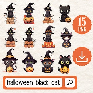 Halloween Black Cat Clipart. 15 PNG Cute Halloween Black Cats ...